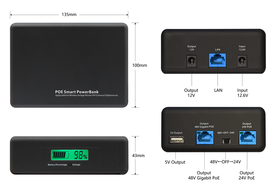 MimoTik POE Battery Power Pack PowerBank 802.3af/at 4-in-1 POE 94.5Wh ...